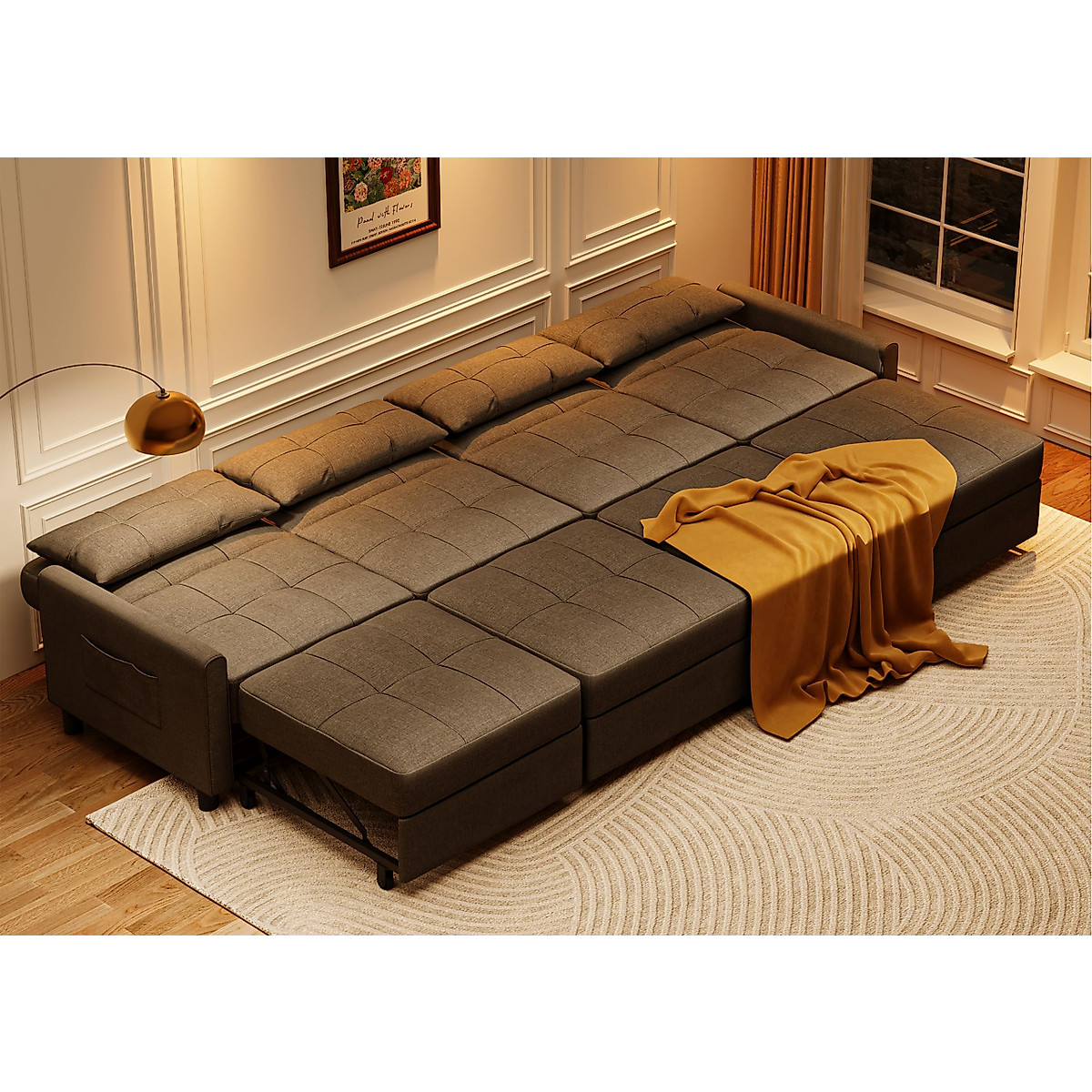 Aiho Pull Out Couch - 4-Seater Sectional Sleeper Sofa, Convertible with Adjustable Backrest & Spring Support for Living Room, Dark Grey