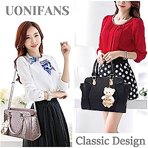 4Pcs Handbag Set for Women, PU Leather Tote Shoulder Bags Top Handle Satchel Bag Purse Clutch Card Holder with Bear Pendant (Pink)