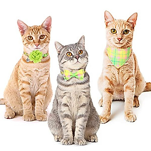 Breakaway Cat Collar with Bow Tie and Bell, Cute Flower & Bandana, 3 Pack Safety Buckle Kitten Collars, Adjustable Pet Collar for Girl Boy Cats Puppy (Green)