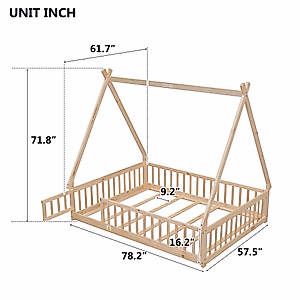 Mirightone Tent Floor Bed for Kids Full Size Montessori Floor Bed with Slats and Guardrails Wood Teepee Bed Frame with Fence and Door for Boys Girls, Natural