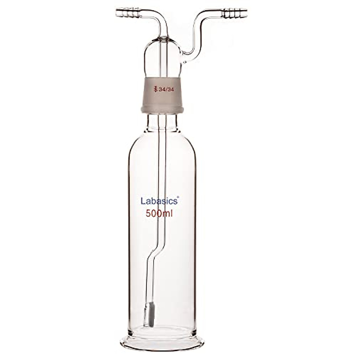 Labasics Gas Washing Bottle, Borosilicate Glass 34/34 Stopper Gas Bubbler Gas Washing Bottle with Fritted Disc and 8 mm OD Inlet/Outlet Hoses, 500 ml