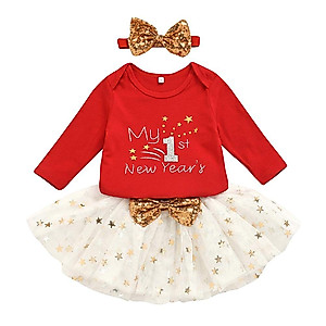 GLIGLITTR My First New Year's Outfit Newborn Baby Girl Clothes Long Sleeve Romper Top+Tutu Skirt+Headband 3Pcs Skirt Set(Red, 18 Months)