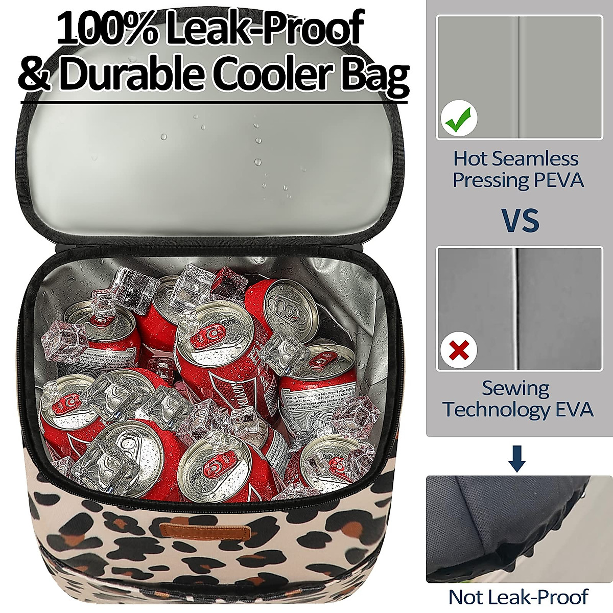 Camping Cooler Backpack 30 Cans, Soft Backpack Coolers Insulated Leak Proof Travel Cooler Bag Waterproof Lunch Picnic Beach Work Trip Thermal Bag Drink Beverage Beer Bag Cooler Leopard Print