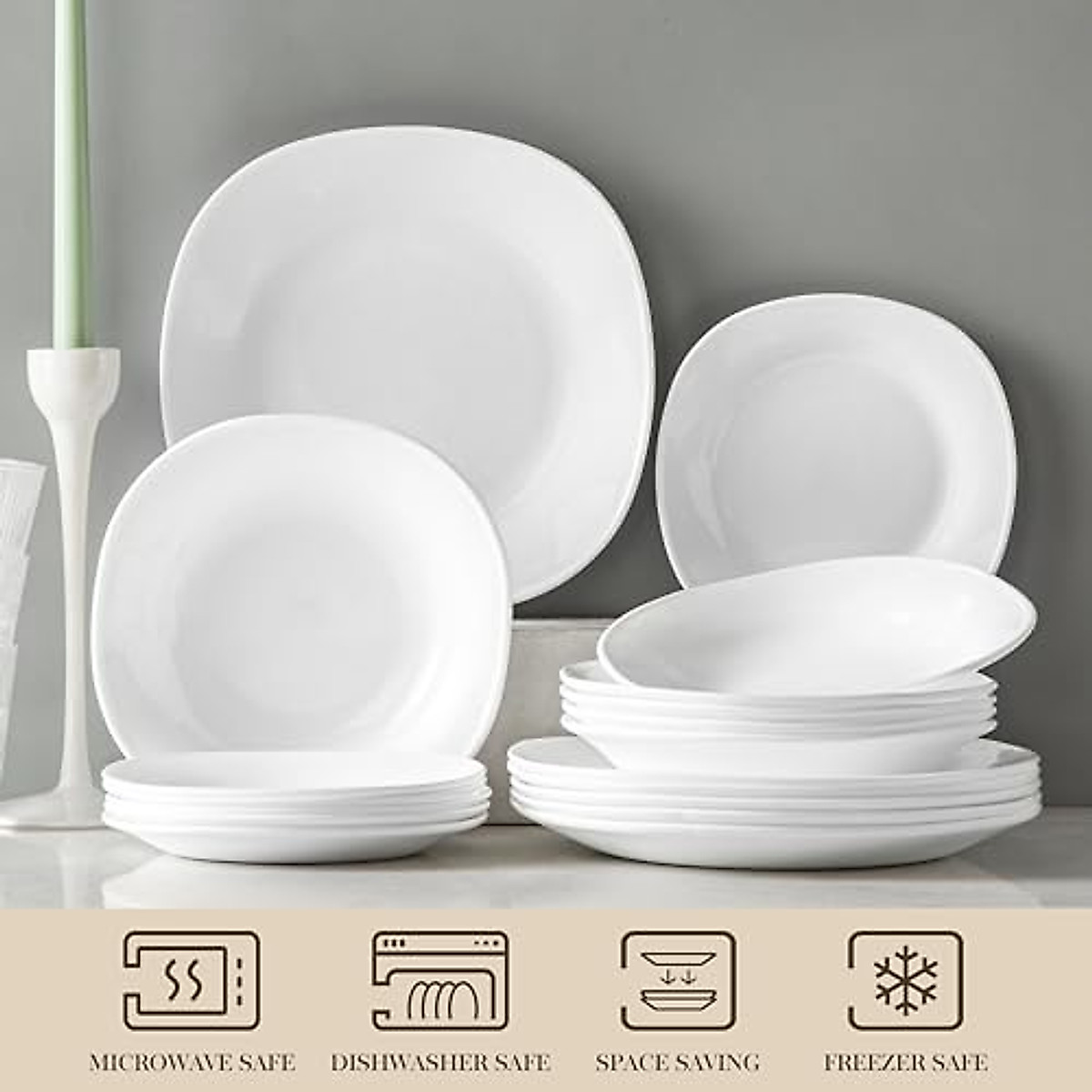 MALACASA Plates and Bowls Set for 12, Opal Glass Dinnerware Sets Chip Resistant, 36-Piece White Square Dinner Set with Plates, Dishes and Bowls, Dish Set Microwave Safe, Series Esmer