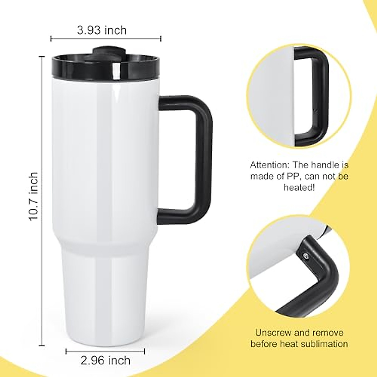 AGH 2 Pack 40 oz Sublimation White Tumbler with Black Handle and Stainless Steel Straw, Insulated Double Wall Vacuum Reusable Cups with Black Leakproof Lid