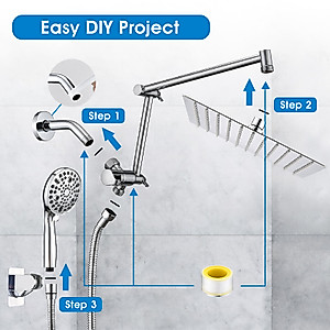PDP Bath 10" Rainfall Shower Head with Handheld Spray, Dual Rain Showerhead with High Pressure 10-Setting Wand Combo, 16" Adjustable Extension Arm Build-in 3-way Diverter, 6ft Hose - Chrome