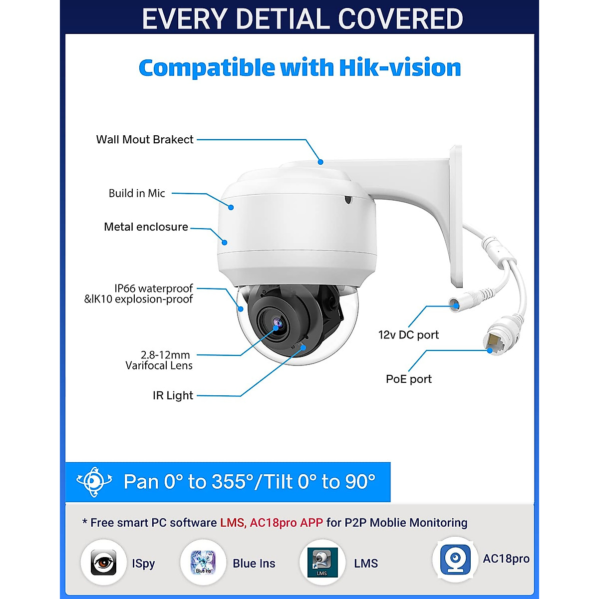 VIKYLIN 8MP Outdoor PTZ PoE IP Camera with Audio,4K Security Speed Dome Pan Tilt 4X Optical Zoom/2.8~12mm Lens,Human/Vehicle Detection,132ft IR Night Vision,IP66 (2804PTZ)