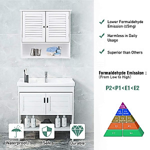 Tangkula Bathroom Wall Cabinet, Wooden Hanging Medicine Cabinet with Double Shutter Doors and Adjustable Shelf, Wall Mounted Bathroom Cabinet with Open Shelf, 26 x 8.5 x 25 Inches, White