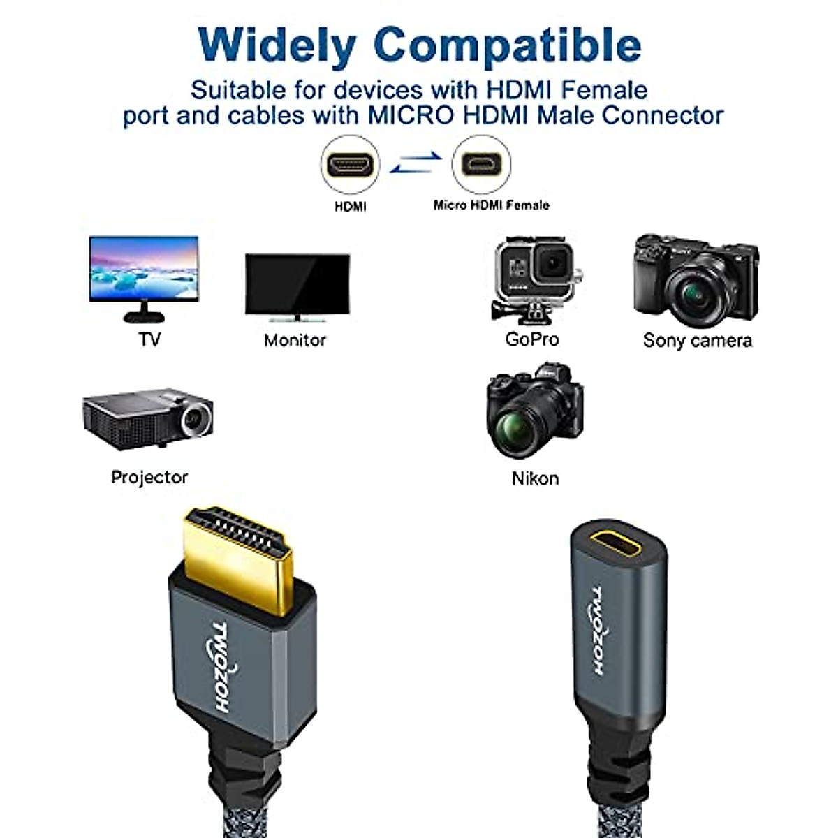 Twozoh Full Size HDMI to Micro HDMI Female Adapter Cable, Micro HDMI Socket to HDMI Adapter Cable Support 3D/4K 1080p.(20CM/0.6FT)