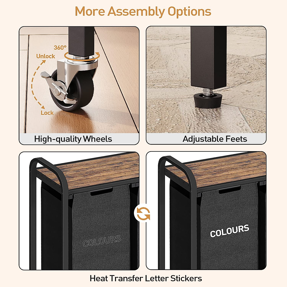 ALOFA Laundry-Hamper Basket with Shelf, Laundry Room Organization 3x46L Pull Out and Removable Bags with Letter Stickers, Metal Frame Made Laundry Sorter Classified Storage Black