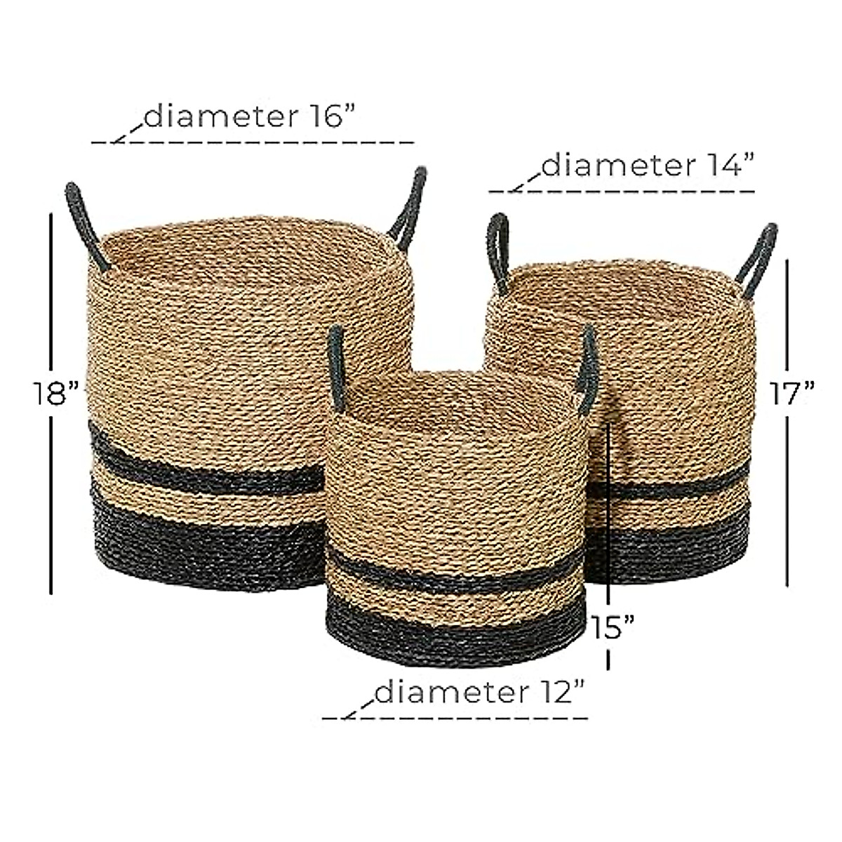 Deco 79 Seagrass Round Storage Basket with Handles, Set of 3 18", 17", 14"H, Black