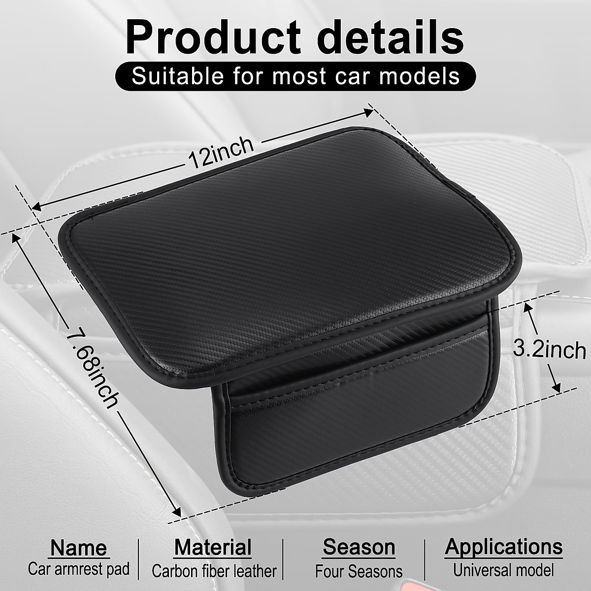 Amiss Auto Center Console Pad, Carbon Fiber PU Leather Armrest Storage Box Cover with Pockets Storage Bag, Car Interior Accessories, Universal Car Armrest Cushion for Most Vehicle, SUV, Truck (Black)