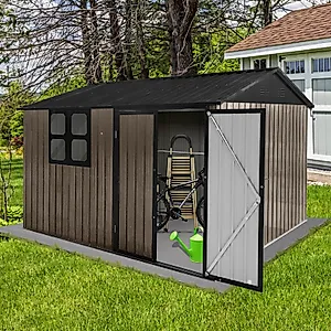 ACQCA 10FTx8FT Outdoor Metal Storage Garden Sheds with Window and Punched Vents,Galvanized Garden Gazebos Shed,w/Hinged Door & Padlock,for Storing Bicycles,Lawnmowers,Easy to Assemble,Brown