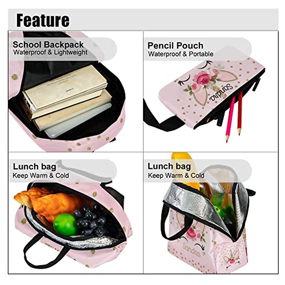 Personalized Name Teen School Backpack, Glitter Floral Unicorn Bookbag Set with Insulated Lunch Tote Pencil Case Travel Bag