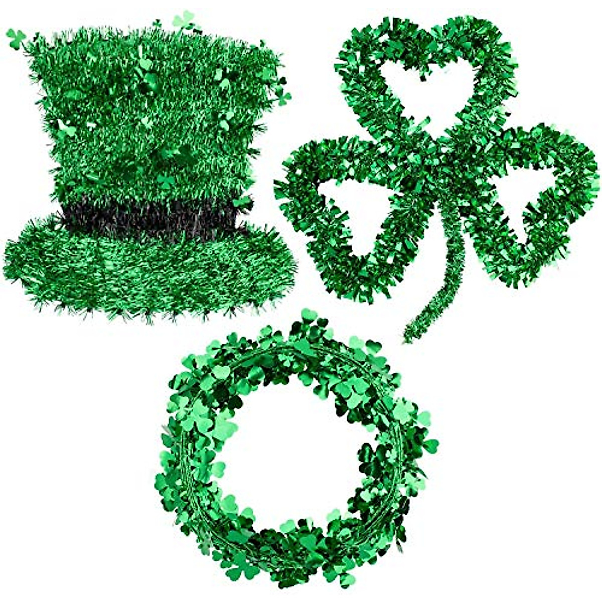 Whaline 3 Pack St. Patrick’s Day Green Tinsel Garland Include Shamrock Wreath, Wire Garland and Leprechaun Hat for Irish St Patrick Party Favor Home Wall Decorations
