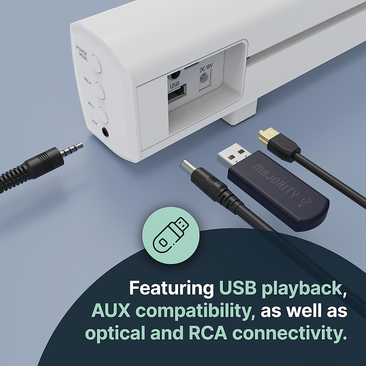 Majority 15 Inch White Soundbar for TV, Bluetooth Sound Bar 50 Watts, Home Audio Speaker, Small PC Soundbar Speaker | AUX, RCA, Optical, USB | Gaming, Music, Movies | Bowfell