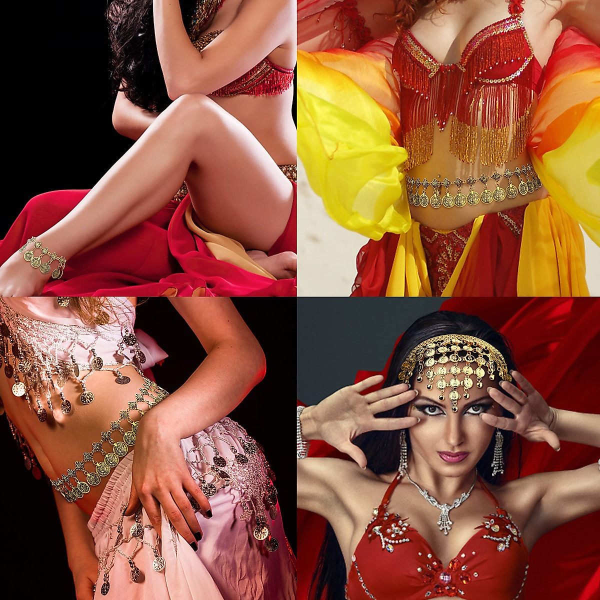 JOERICA Belly Dance Jewelry for Women Gold Coin Headband Gold Chain Belt Coin Chain Gold Coin Anklet Gypsy Jewelry Halloween Party Costume