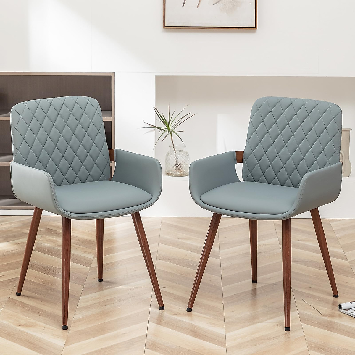 LUNLING Mid Century Modern Dining Room Chairs Set of 2 Accent Faux Leather Chair Bentwood Frame with Armrest,Upholstered Seat,Metal Legs Chairs,Adjustable Foot for Kitchen Room Desk Chairs(Blue)
