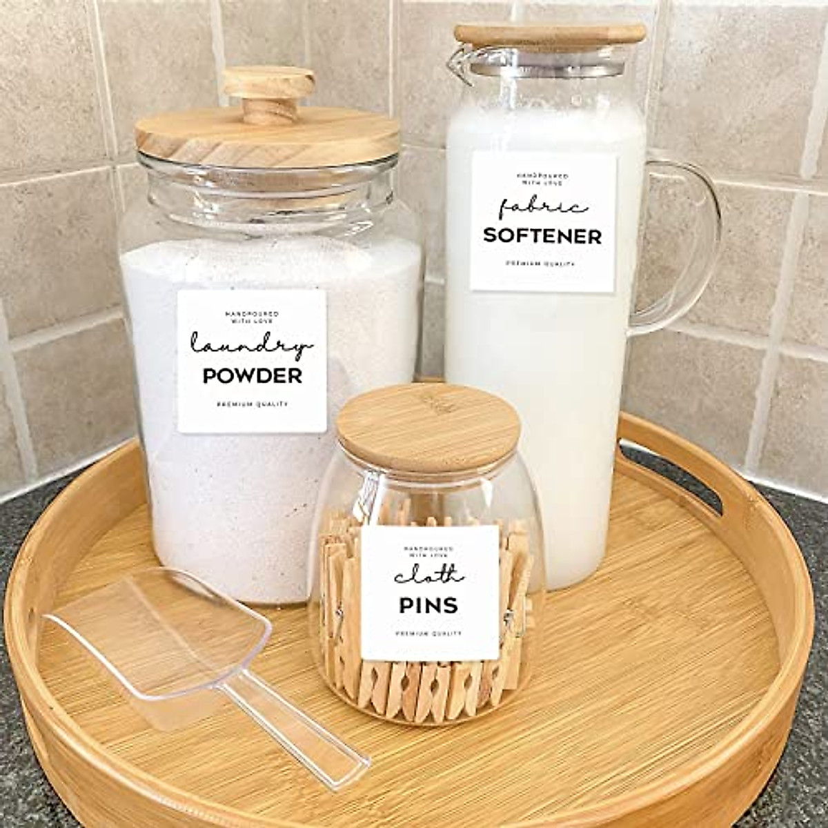 Minimalist Laundry Room Labels Set, v2croft 36 White Matte Stickers on Clear Canisters, Home Organization Stickers for Cabinet & Drawer, Laundry Room, linens & Cleaning Supplies(Water Resistant)