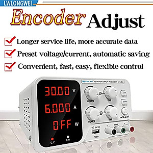 DC Power Supply Variable,30V 6A 180W Adjustable Switching Regulated DC Bench Power Supply with 4-Digits LED Power Display 5V/2A USB Output, Coarse and Fine Adjustments White