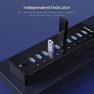 ORICO Powered USB Hub, 10 Ports 36W USB 3.0 Data Hub with 12V/3A Power Adapter for Computer, PC, Laptop, Mobile HDD, Flash Drive and More