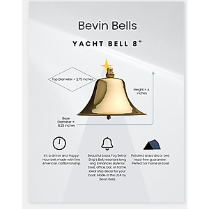 Bevin Bells Yacht Bell – Solid Brass 8" Fog Bell | Ship Bell | Boat Bell | Wonderful Tone with a Loud and Long Ring | Hanging Bell | Highly Polished and Lacquered | Made of Solid Brass | Made in USA