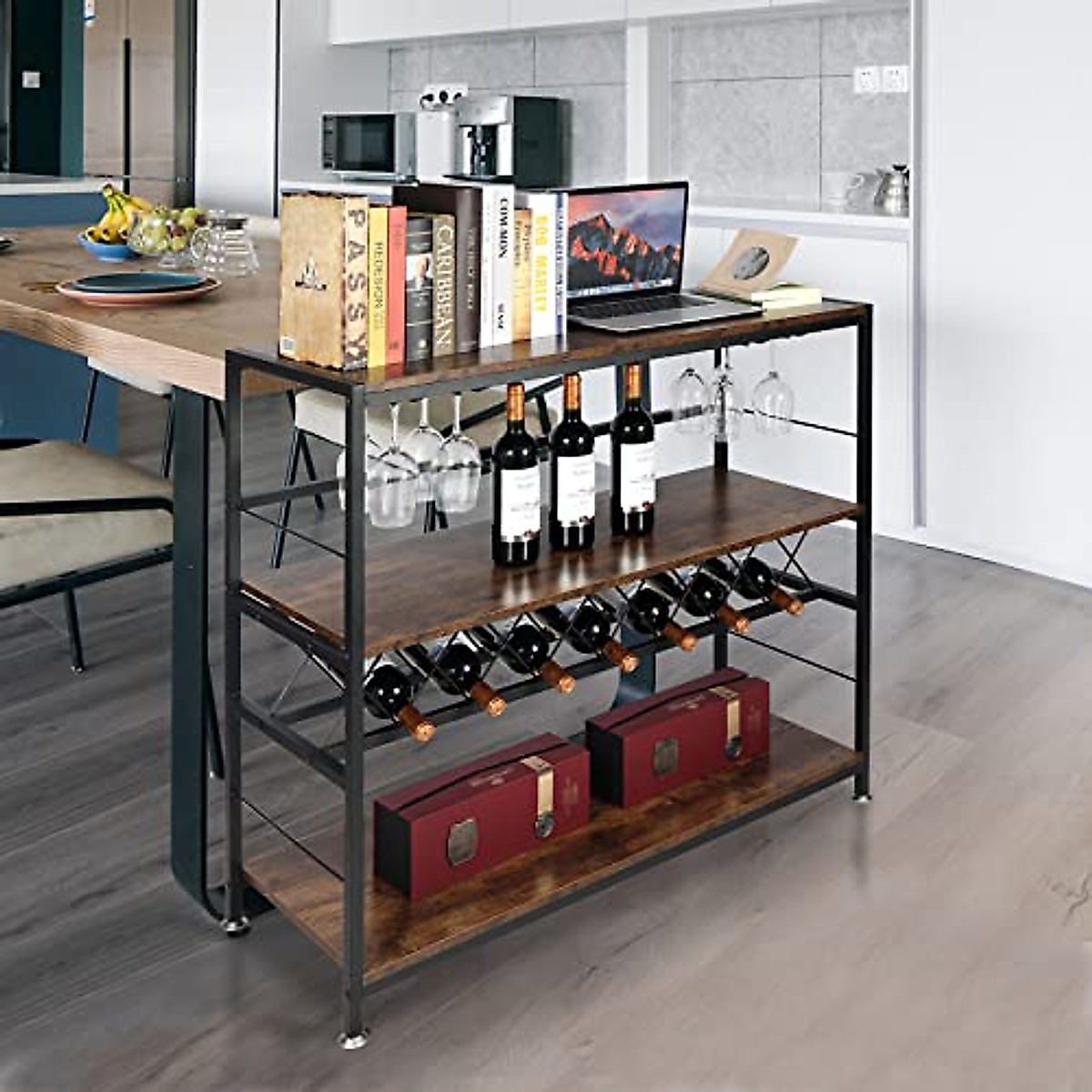 Lineslife 3-Tier Freestanding Wine Rack Table, Industrial Liquor Wine Bar Table with Glass Holder and Bottle Shelf for Living Room, Brown