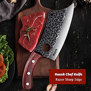 Huusk Japan Knives, Viking Knife with Sheath Meat Cleaver Knife for Meat Cutting Hand Forged Chef Butcher Knives Full Tang Boning Knife Outdoor Cooking Knife for Kitchen Deboning or Camping BBQ