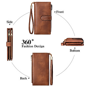 GOIACII Womens Wallets Large Capacity Credit Card Holder Rfid Wallet Women Double Zipper Pocket Leather Bifold Ladies Wristlet Clutch Wallet