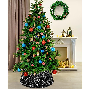 FANPROMS Black Christmas Tree Collar 23.6 Inches Diameter Base Glittery Sequins Xmas Tree Ring for Rustic Artificial Tree Skirt Woven Tree Bark Collar Thick Velvet Tree Cover Supply