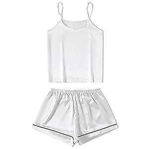 LYANER Women's Pajamas Set 7pcs Silk Satin Sleepwear Loungewear Cami Shirt Pj Set White Small