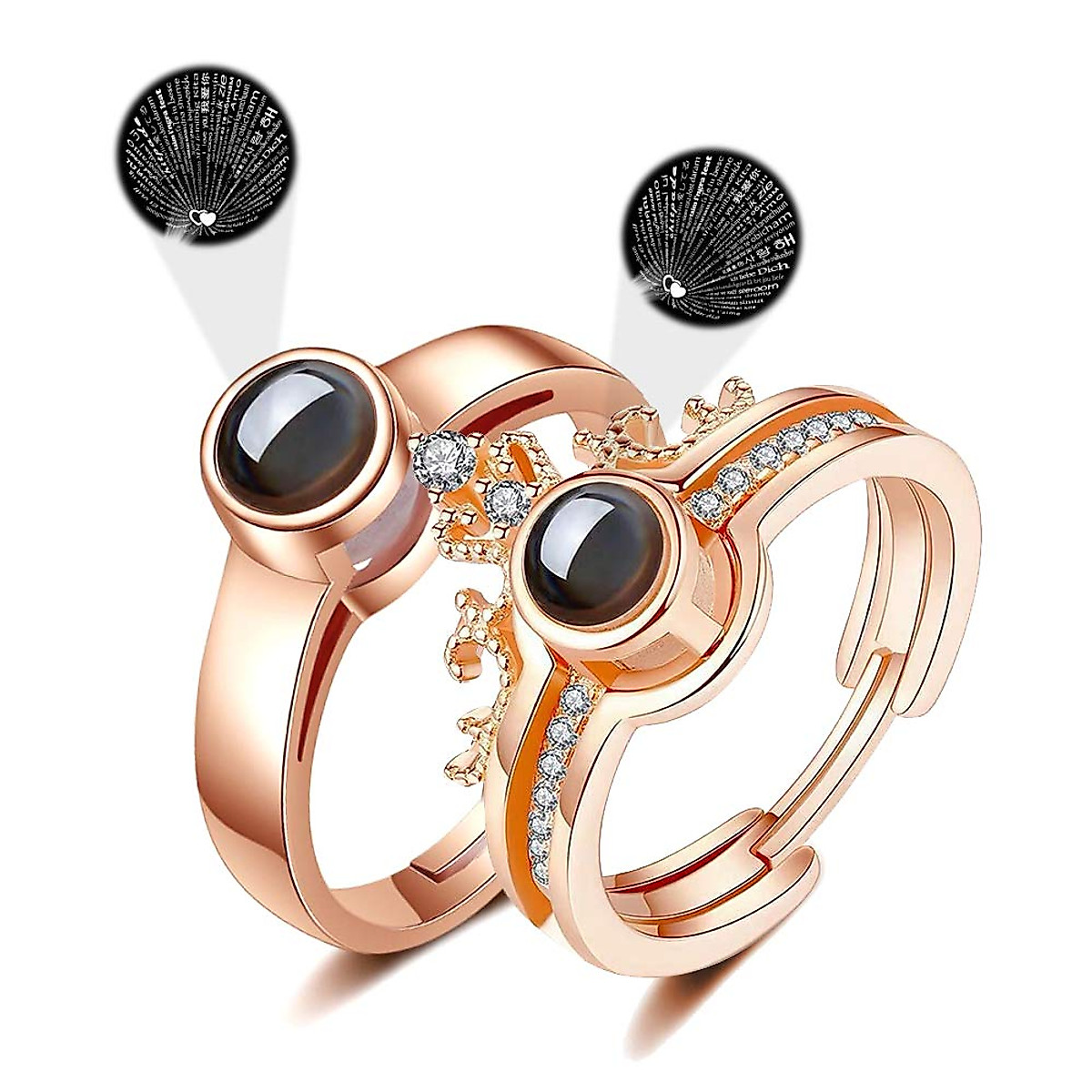 I Love You 100 Languages Projection Ring Couples Wedding Band Crown Tiara Engagement Promise Rings for Him and Her (Rose Gold & Crown)