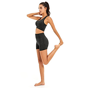 Toplook Women Seamless Yoga Workout Set 2 Piece Outfits Gym Shorts Sports Bra (Black, Large)