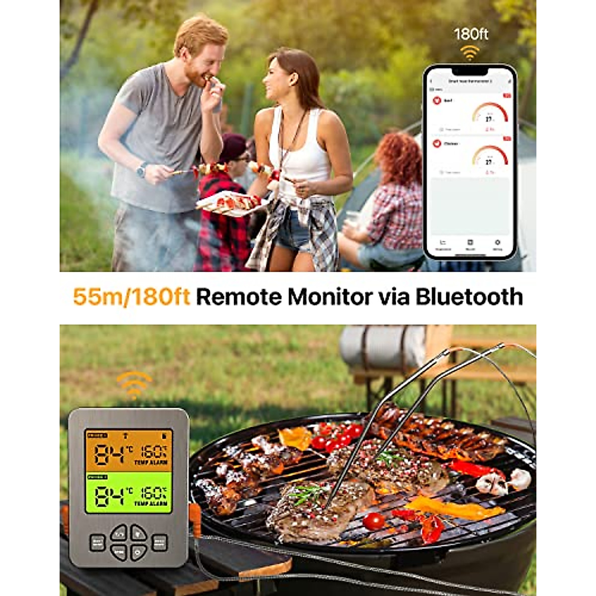 NEXMEE Bluetooth Grill Thermometer, Digital Wireless BBQ Meat Thermometer, Grill Thermometer with 2 Probes, Roast Thermometer with Magnet for Kitchen, Oven, Grill, Steak