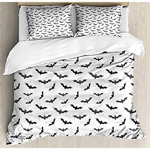Lunarable Goth Duvet Cover Set, Halloween Concept Silhouette of Flying Bats and Shadows Pattern, Decorative 3 Piece Bedding Set with 2 Pillow Shams, King Size, White Grey