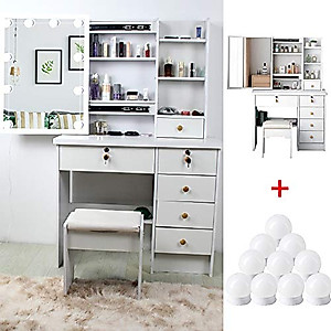 saicheng Vanity Desk with Mirror and Lights-3 Color and Brightness Adjustable, Vanity Set with Drawers and Chair, White Makeup Vanity Table for Girls