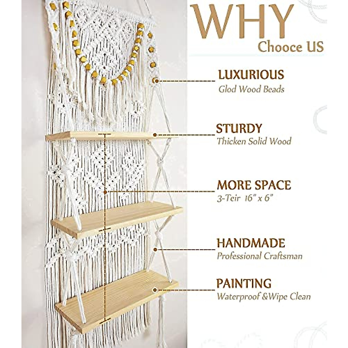 MAKEONEWO Macrame Wall Hanging Shelf - Upgrade Haning Plant Shelf Indoor Planter Holder Boho Macrame Plant Hanger for Bedroom, 2 Set