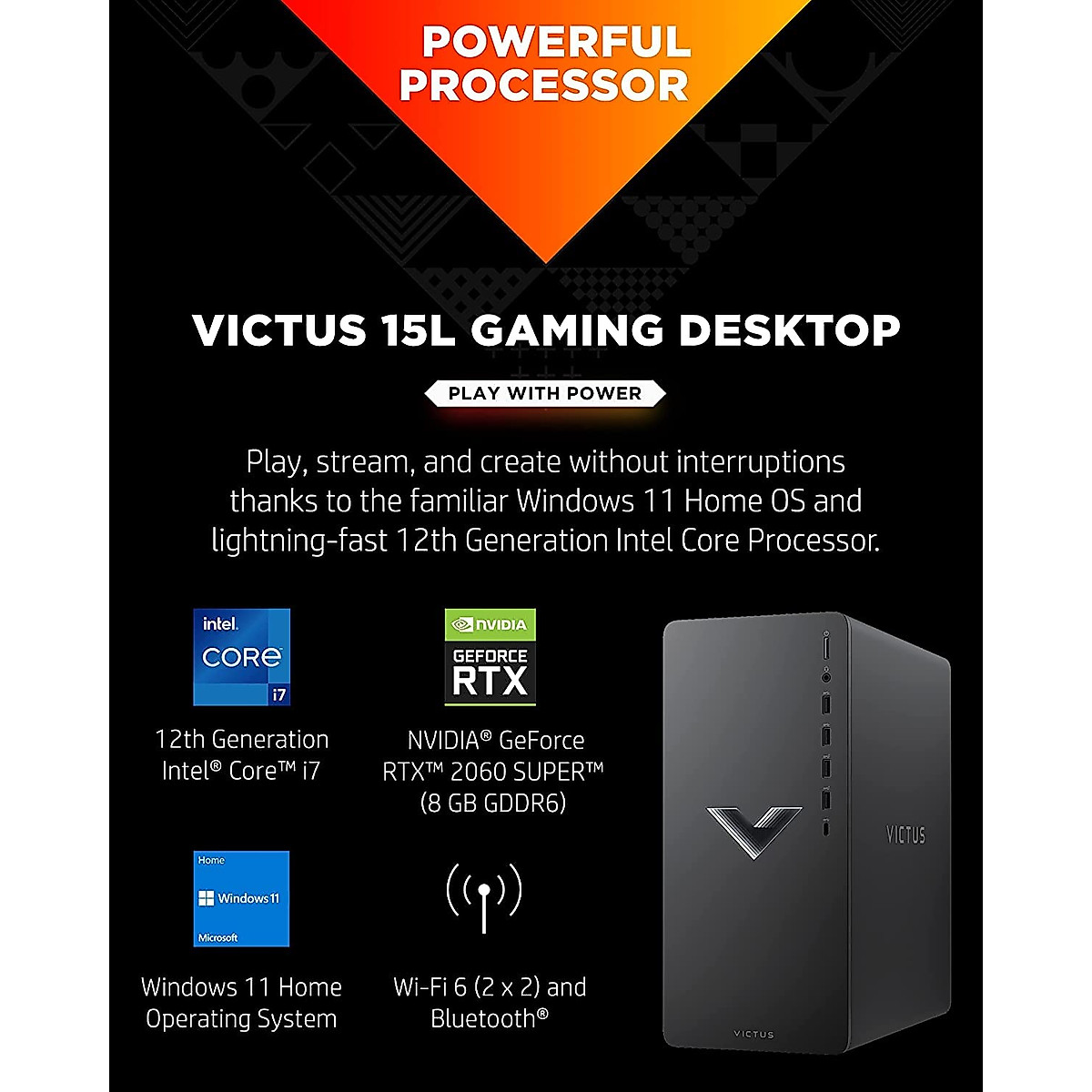 HP Victus 15L Gaming Desktop Computer, Intel Core i7-12700F(Up to 4.9GHz), NVIDIA GeForce RTX 2060 Super, 32GB RAM, 2TB PCIe SSD, WiFi 6, USB-A&C, Windows 11 Home, CUE Accessories