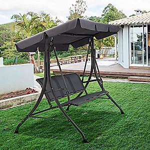 Zupapa Outdoor Patio Swing Chair w/Textilene Breathable 3-Person Armrest Seat, Canopy Porch Swing w/Adjustable Shading, Heavy-Duty Powder-Coated Swing Sets for Backyard, Poolside, Balcony - Gray