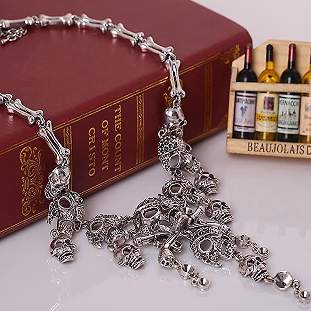 FLD Halloween Women's Antique Silver Multi layered Pirate Skull Tassel Charm Necklace Collar and Fashion Jewelry Skull Bracelet Collar Women's Terror Necklace