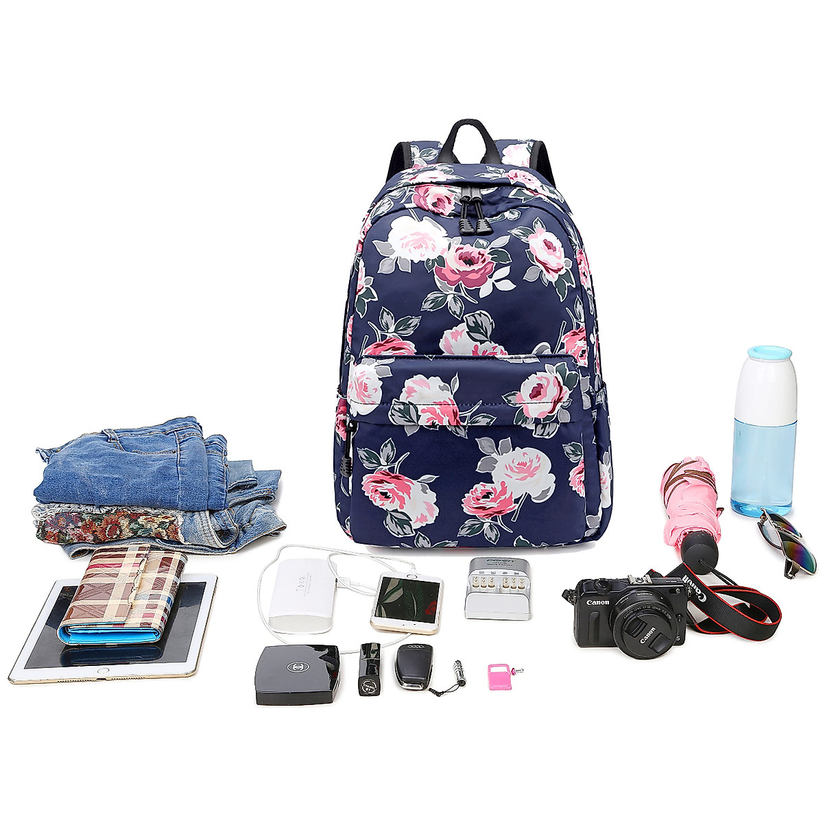 Joyfulife Backpack for Girls, Teen Backpacks Lightweight Kids Bookbags School Backpack with Lunch Box Pencil Case Travel Laptop Backpack Casual Daypacks Floral (Dark Blue)