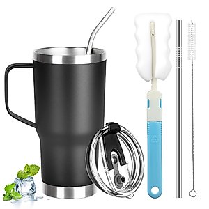 GUDEMAO 20 oz Tumbler with Handle, Stainless Steel Insulated Tumbler with Lid and Straw, Double Wall Vacuum Insulated Coffee Mug Tumbler, Insulated Coffee Thermal Cup for Cold and Hot (Black)