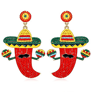 Cinco De Mayo Earrings for Women Colorful Beaded Fiesta Chill Dangle Earrings Statement Letter Drop Earrings Mexican Festival Jewelry Gifts (Chili)