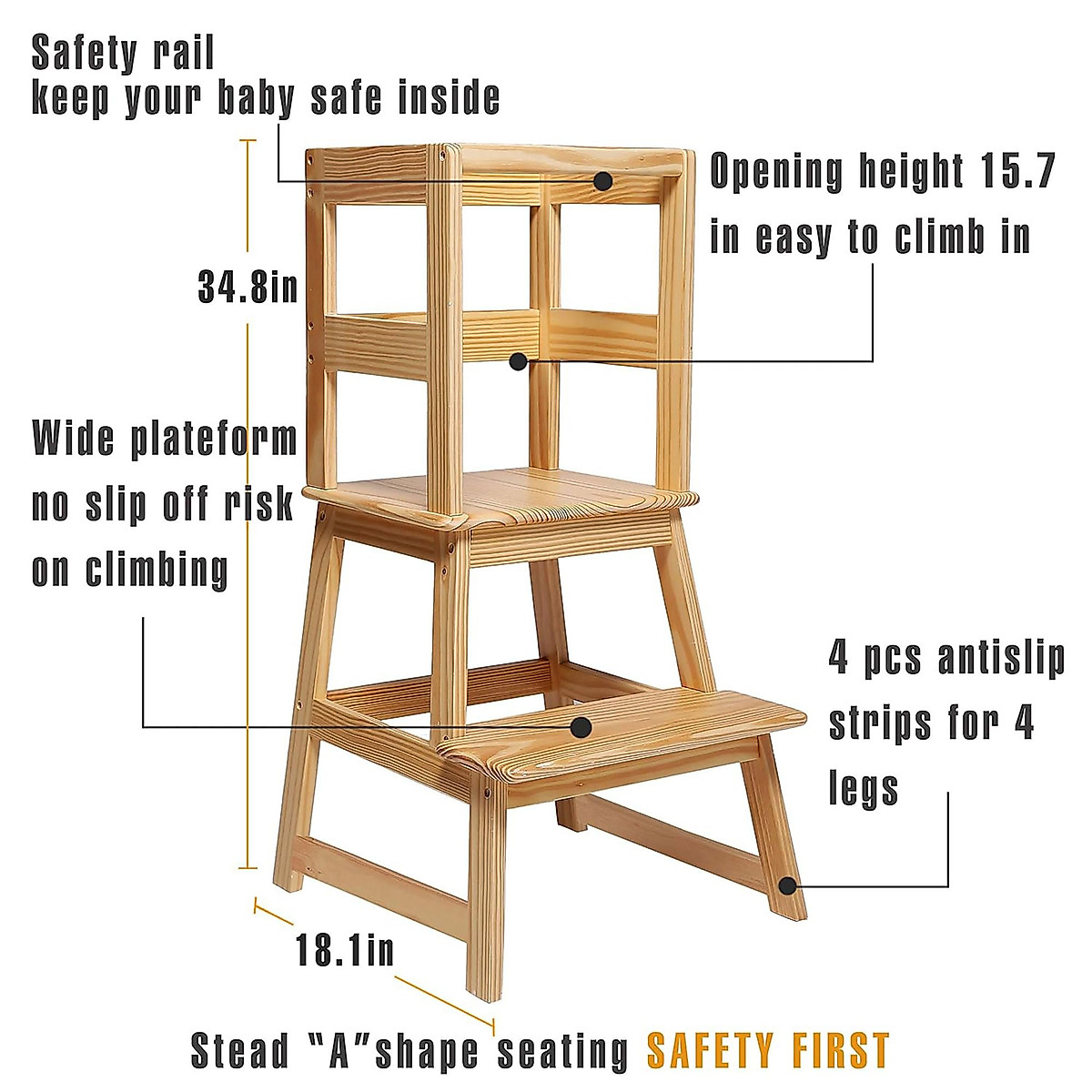 SDADI Kids Kitchen Step Stool with Safety Rail - for Toddlers 18 Months and Older, Natural LT01N