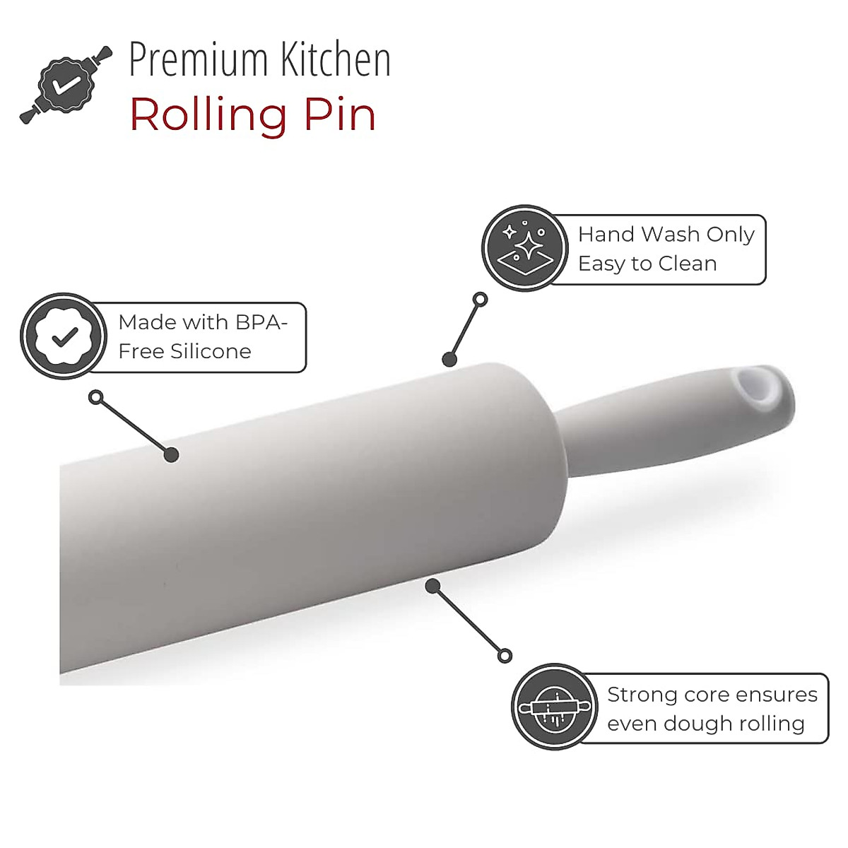 husMait Silicone Rolling Pin - Premium Kitchen Baking Pin for Rolling and Baking - Great for Making Dough, Bread and Pizza