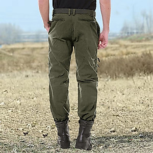 CRYSULLY Men Pants Fall Relaxed-fit Cotton Woodland Army Cargo Trousers Utility Combat Work Pants Green 34