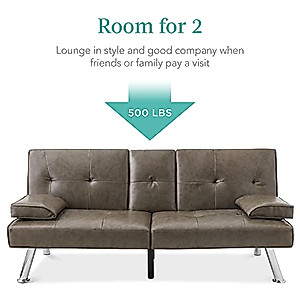 Best Choice Products Faux Leather Upholstered Modern Convertible Folding Futon Sofa Bed for Compact Living Space, Apartment, Dorm, Bonus Room w/Removable Armrests, Metal Legs, 2 Cupholders - Gray