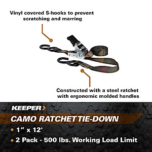 HAMPTON PROD Keeper – 1” x 12' Camo Ratchet Tie-Down with S Hooks, 2 Pack - 500 lbs. Working Load Limit