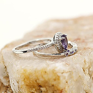 N/C 2pcs Stacking Rings Set, Crystal Milgrain Eternity Wedding Band & Purple Teardrop Halo Ring Engagement Promise (size 9)