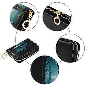 Howling Wolf At Full Moon Night Credit Card Coin wallet, RFID Blocking Compact Women Leather Card Holder, Key Change Organizer, Zipper Purse Clutch Pouch Pocket